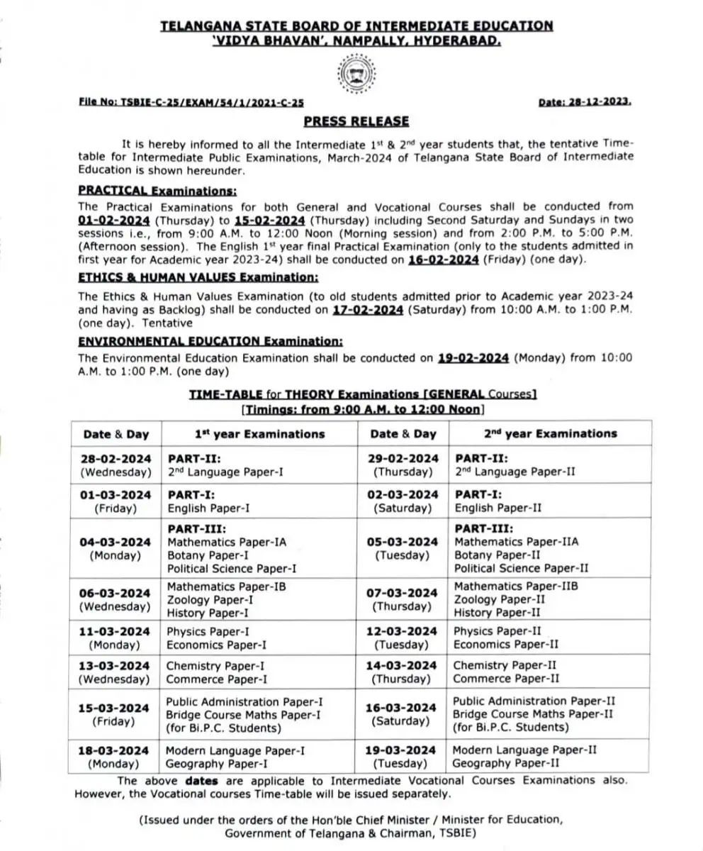 Intermediate Exam Schedule 2024: Release Of Inter Exam Schedule In ...
